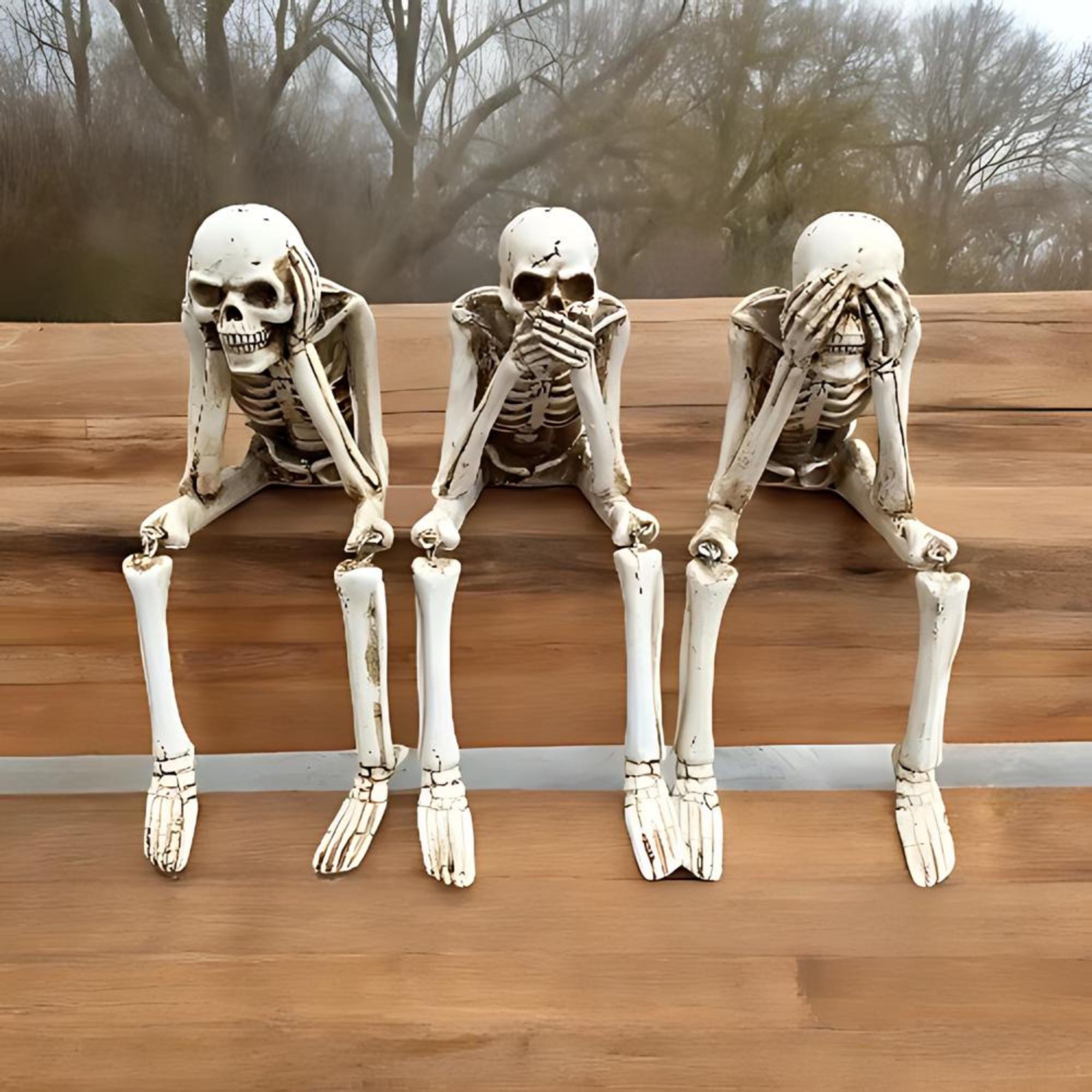 Sitting Skeleton Statue Skull Ornament Hear Speak See No Evil Sitting ...