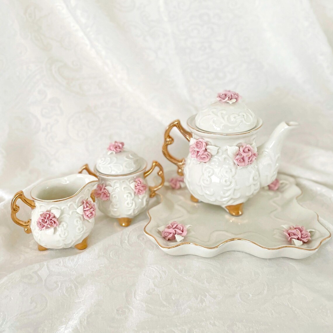 Vintage Ornate Rose & Gold Porcelain Tea Set 90s Collectable Ceramic ...