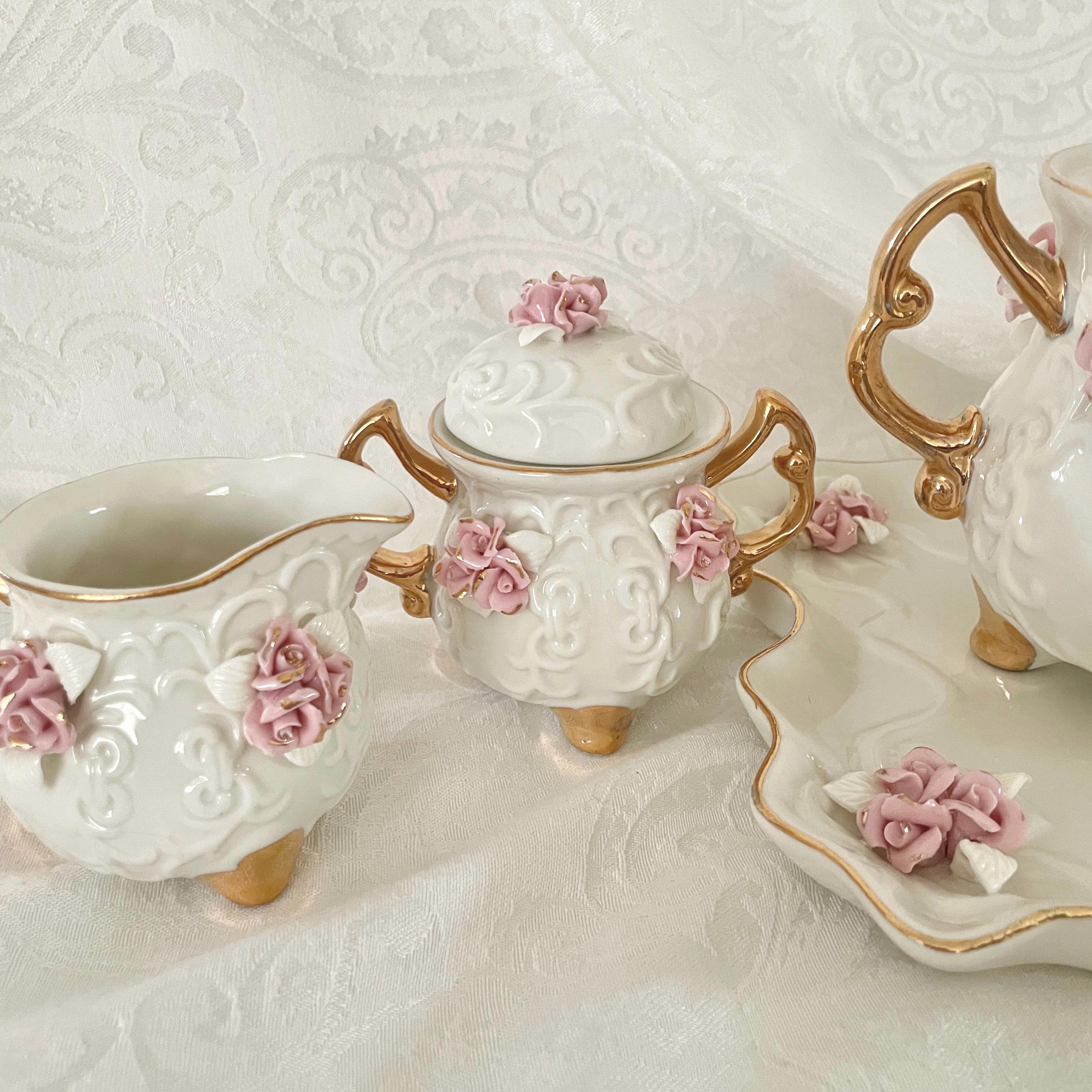 Vintage Ornate Rose & Gold Porcelain Tea Set 90s Collectable Ceramic ...