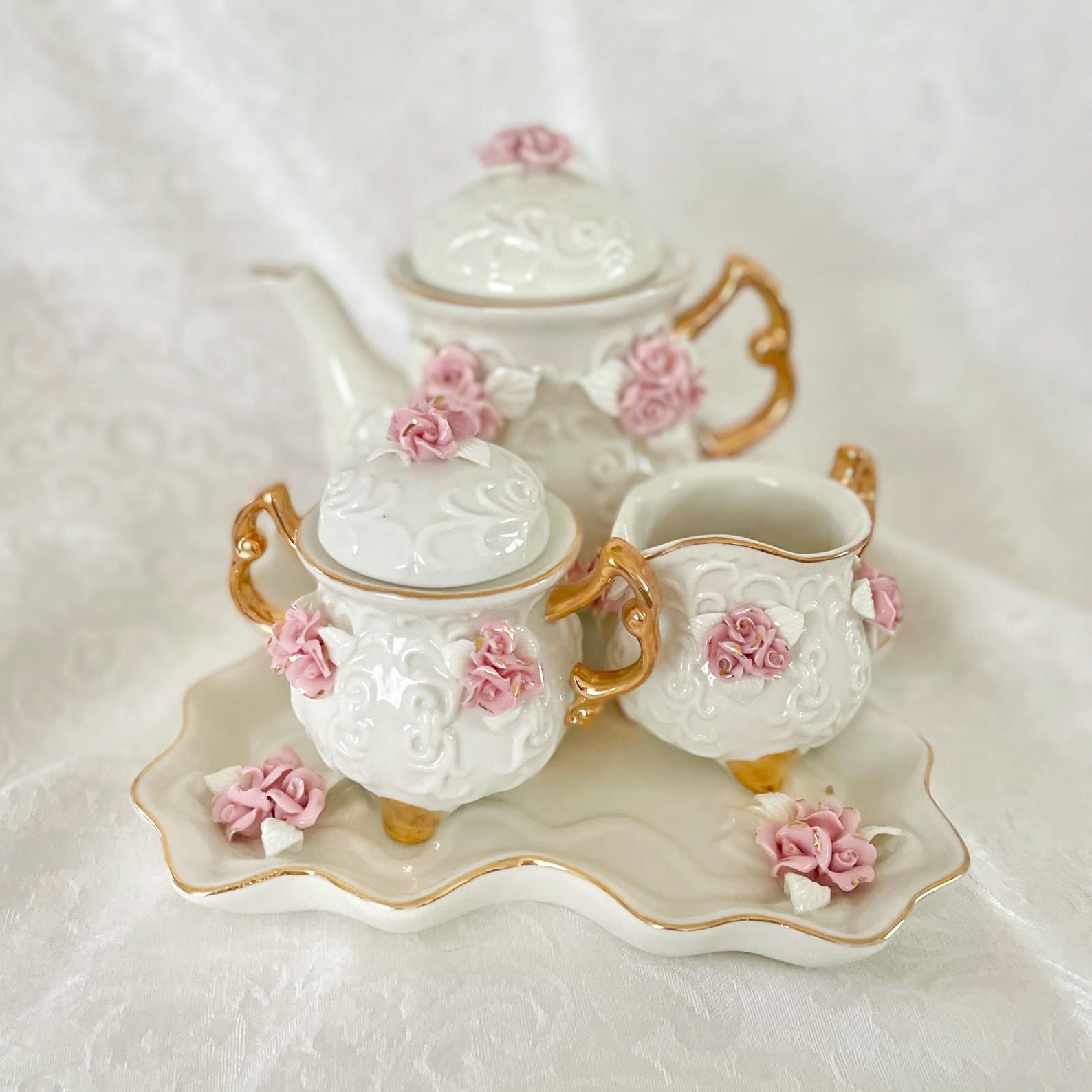 Vintage Ornate Rose & Gold Porcelain Tea Set 90s Collectable Ceramic ...