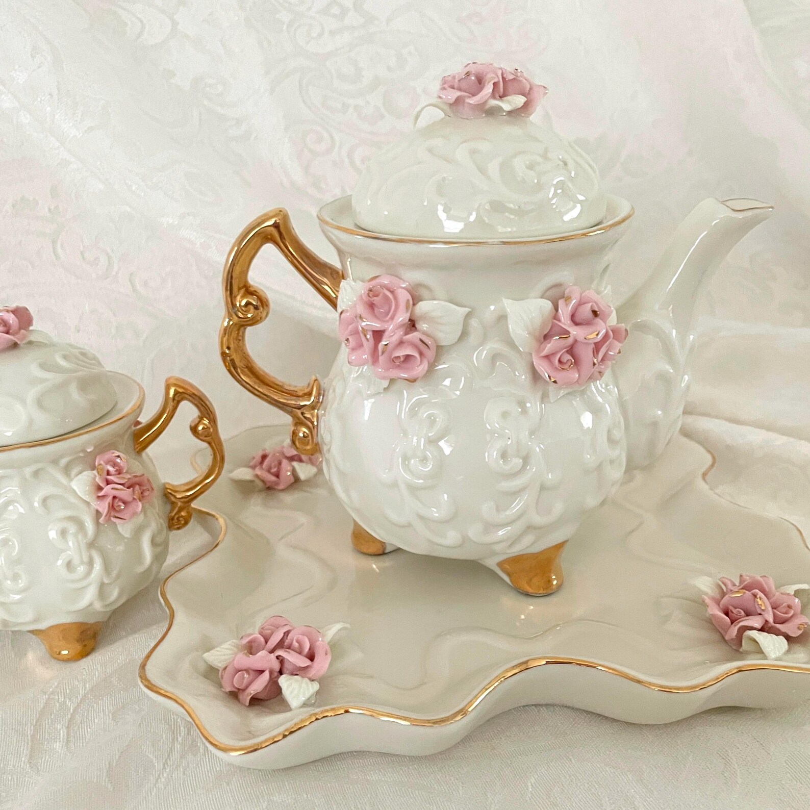 Vintage Ornate Rose & Gold Porcelain Tea Set 90s Collectable Ceramic ...