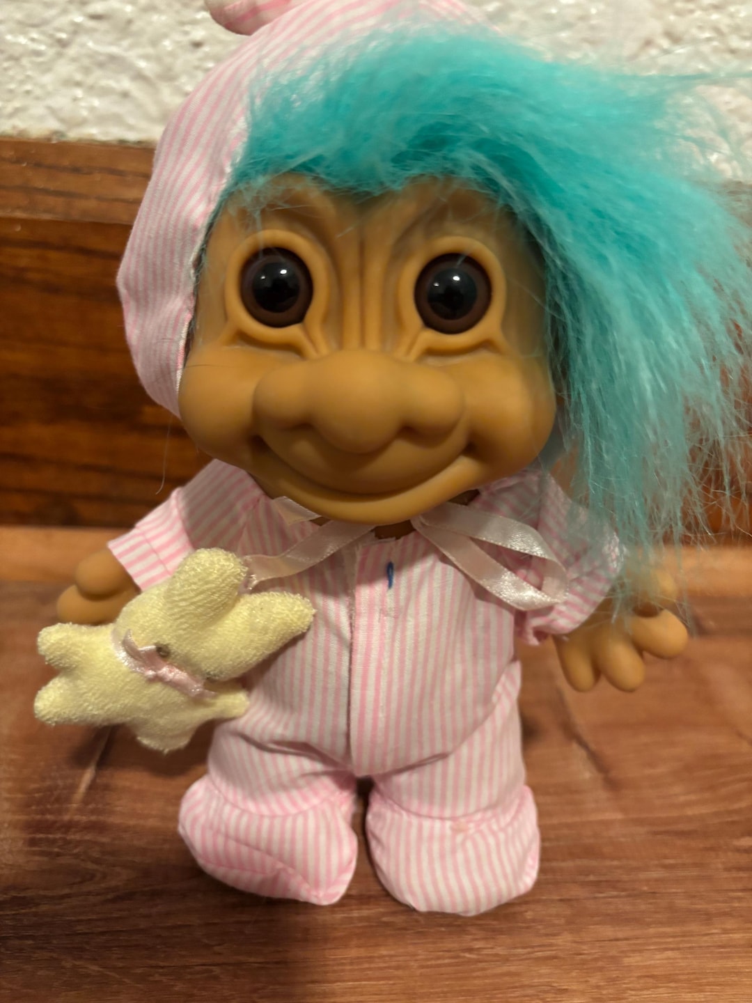 Troll Doll Teal Hair Easter Troll in Bunny Pajamas With Teddy Bear 7 ...