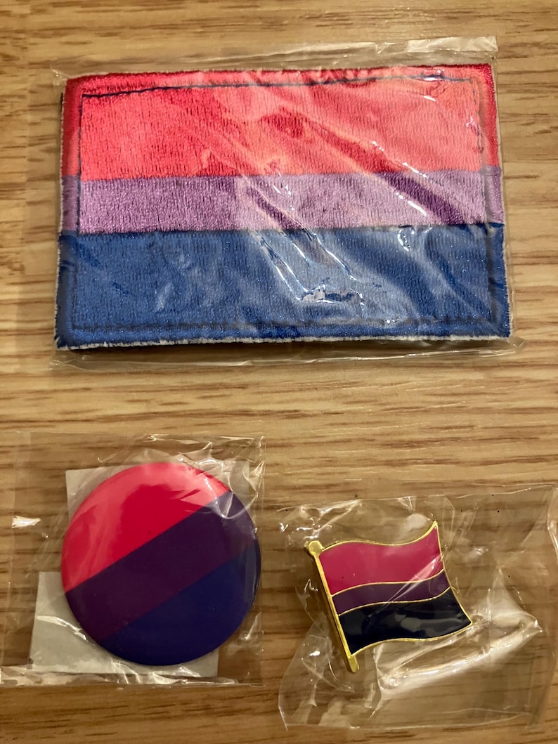 LGBTQ Bisexual Pride Flag Velcro Patch Button and Pin Set of Three (flag 3” by 2”) Free Shipping ...