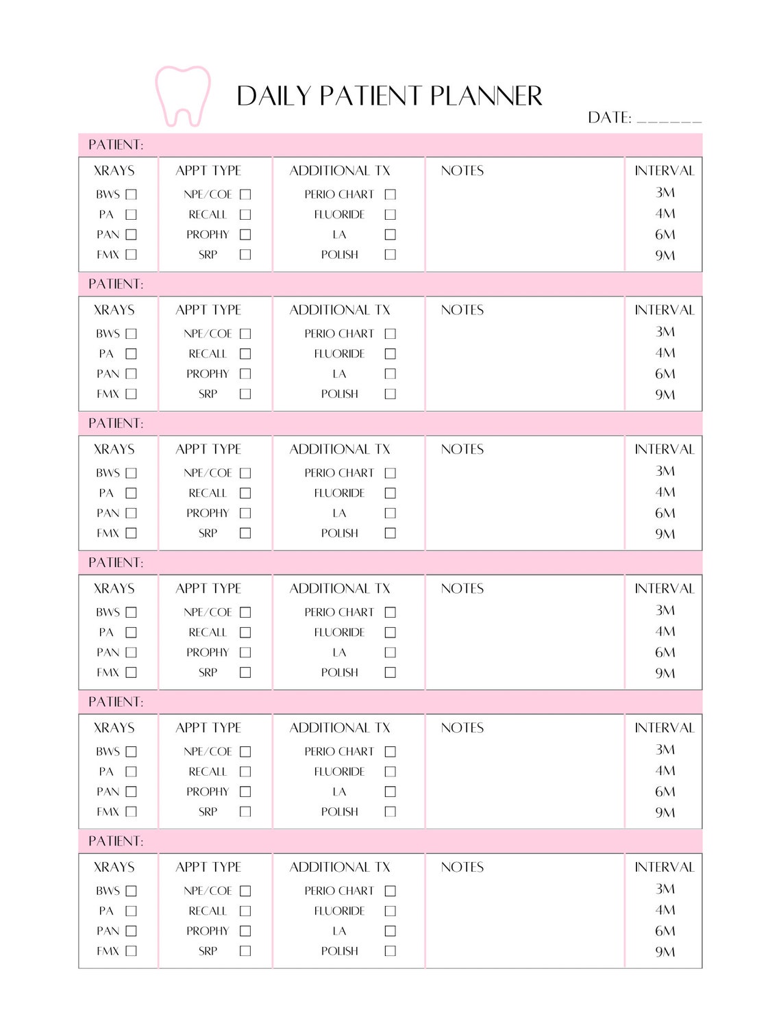 Aesthetic RDH Daily Patient Planner, Dental Hygienist, Day to Day Audit ...