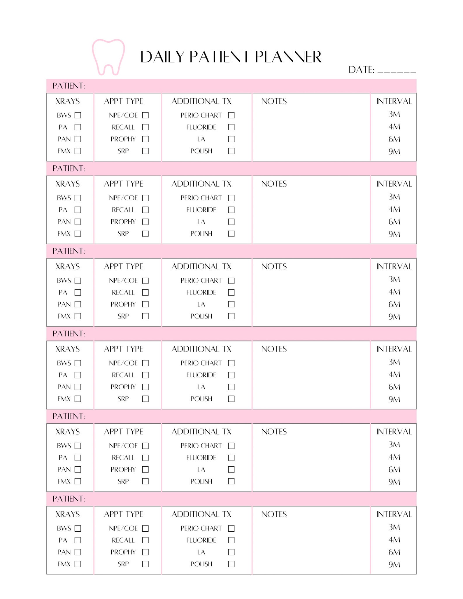 Aesthetic RDH Daily Patient Planner, Dental Hygienist, Day to Day Audit ...