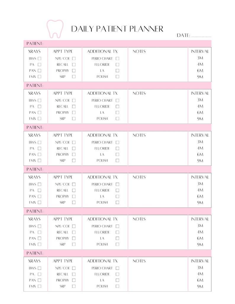 Aesthetic RDH Daily Patient Planner, Dental Hygienist, Day to Day Audit ...
