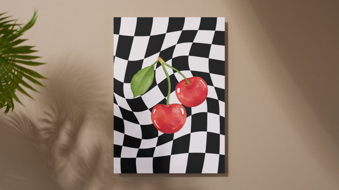 Cherry Checkerboard Aesthetic Wall Art Kitchen Bedroom Cherries Rolled ...