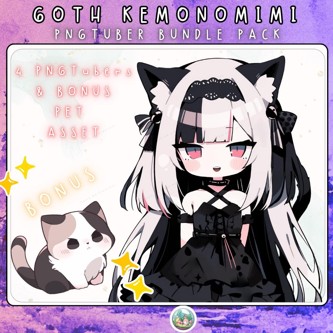 Goth Pngtuber Avatar Bundle, Dark Chibi Streamer Model With Pet ...