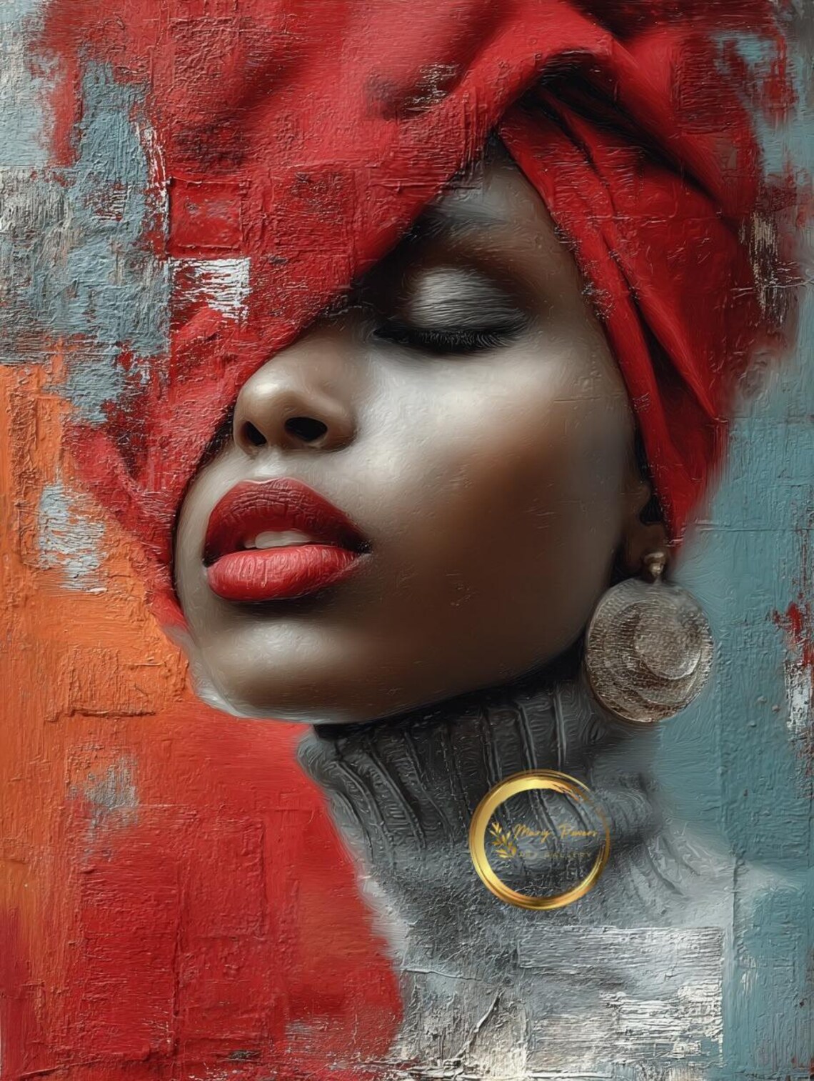Red Turban Woman Art Print, Afrocentric Digital Portrait, Bold Red and ...