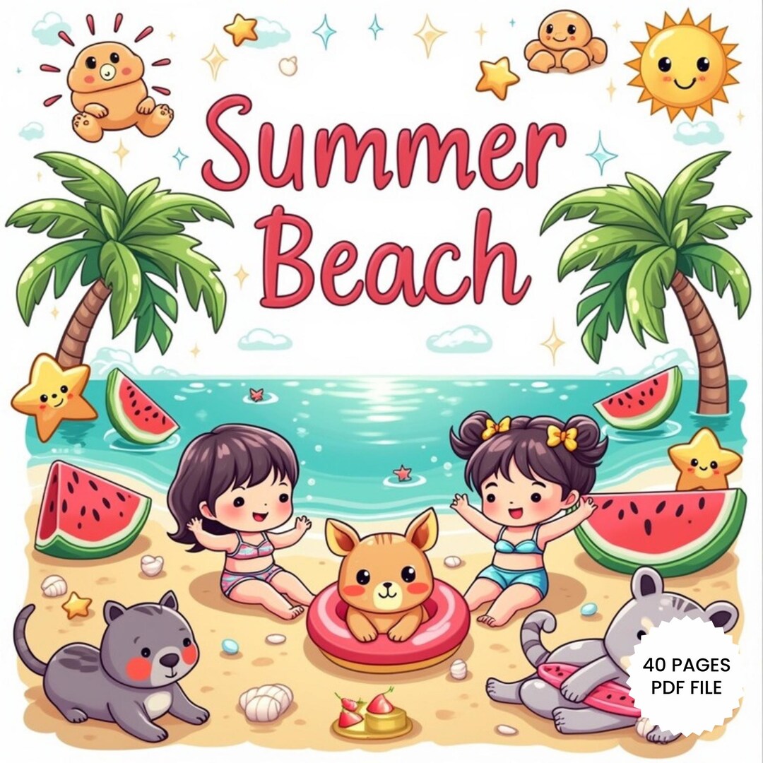 Kawaii Summer Beach Coloring Pages – Chibi Floaties, Watermelon Fun ...