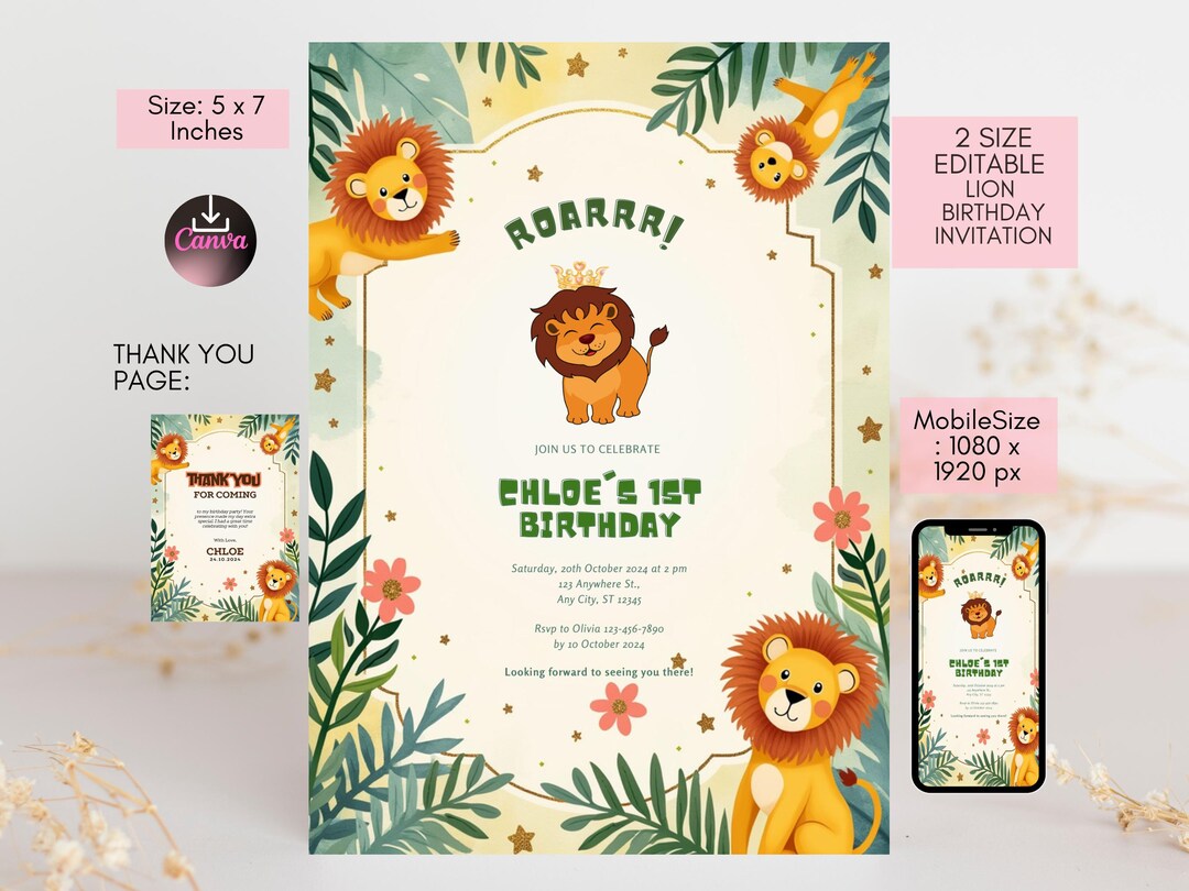 Lion Birthday Invitation, Safari Party Invite, Editable Jungle Theme ...