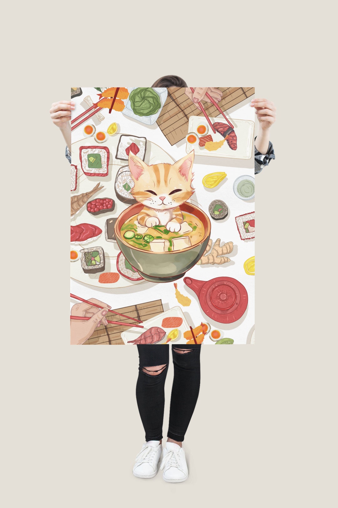 Funny Cat Feast Animation Poster Adorable Feline Food Buffet ...