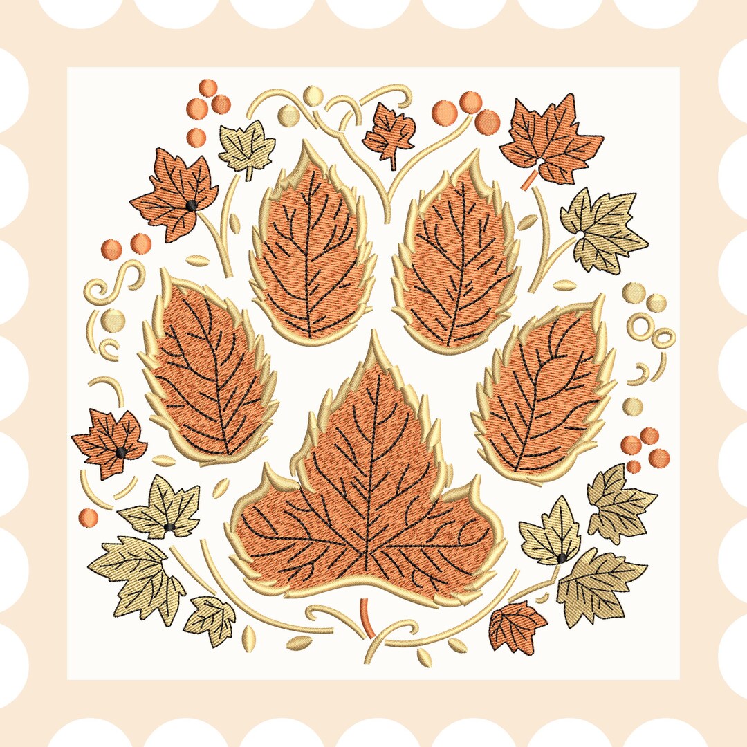 Fall Vine Leaf Paw Embroidery Designs, Dog Paw Machine Embroidery, Fall ...