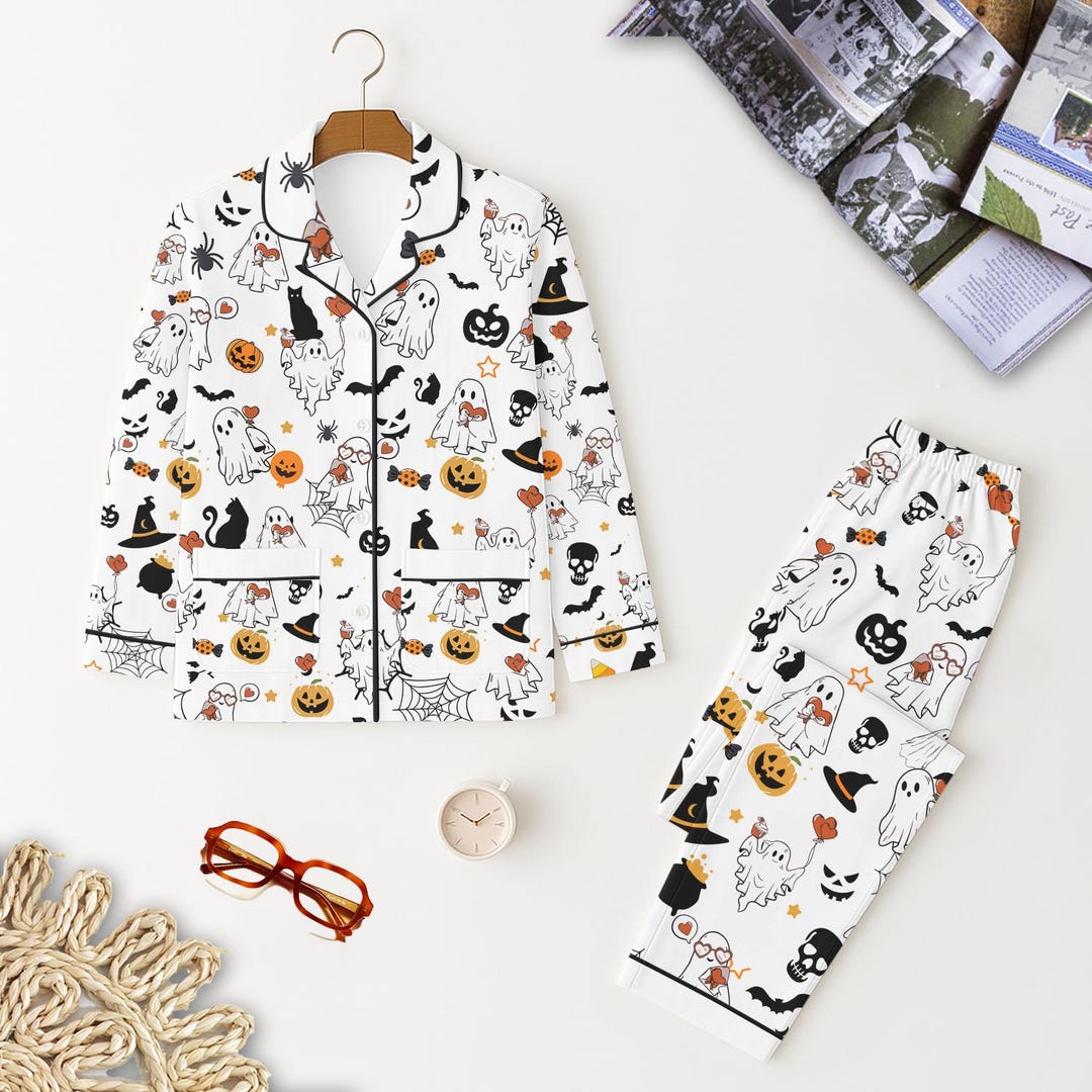 Cute Ghost Halloween Pajama Set, White Spooky Vibe Sleepwear, Pumpkin ...