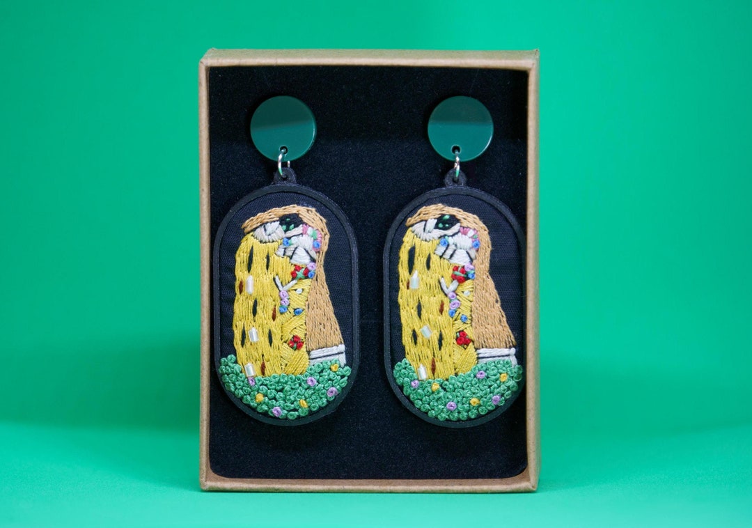 Earrings, the Kiss by Gustav Klimt, Embroidered, Statement Earrings ...