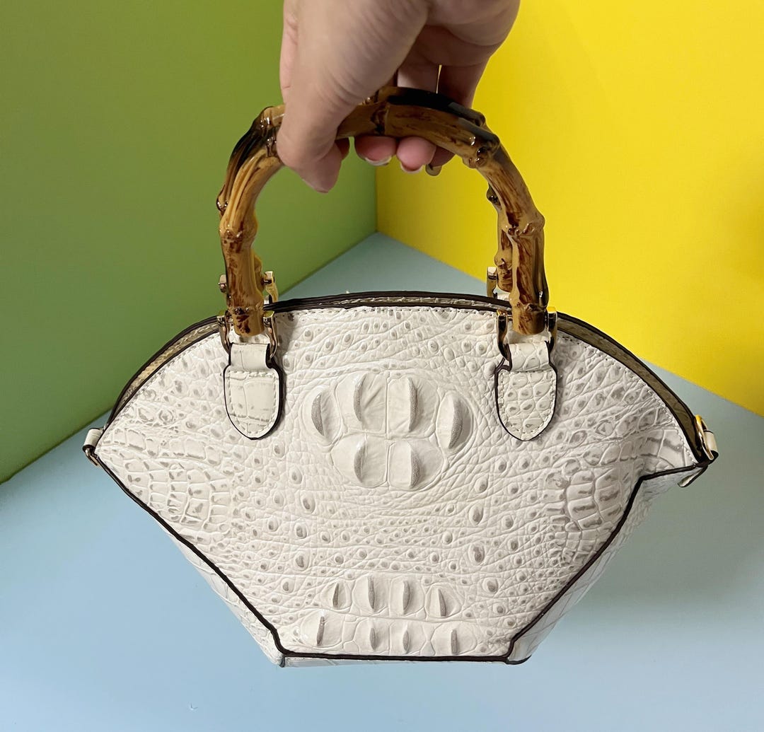 White Crocodile Print Tote With Bamboo Handles Small Structured Leather ...