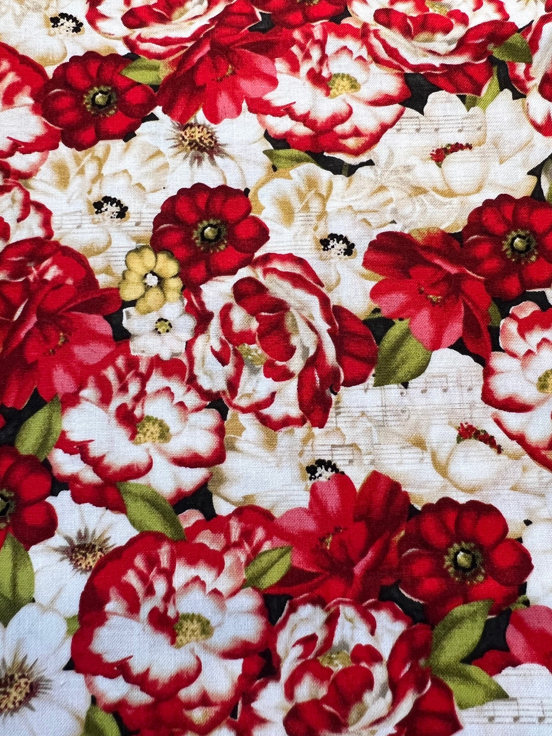 Fabric Destash - Red and White Flowers, Music Notes, Flowers - 1 Yard ...