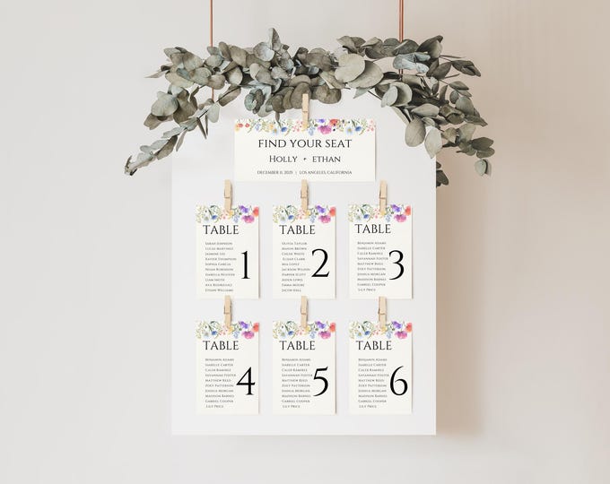 Wildflower Wedding Seating Chart Cards Template, Floral Boho Garden ...
