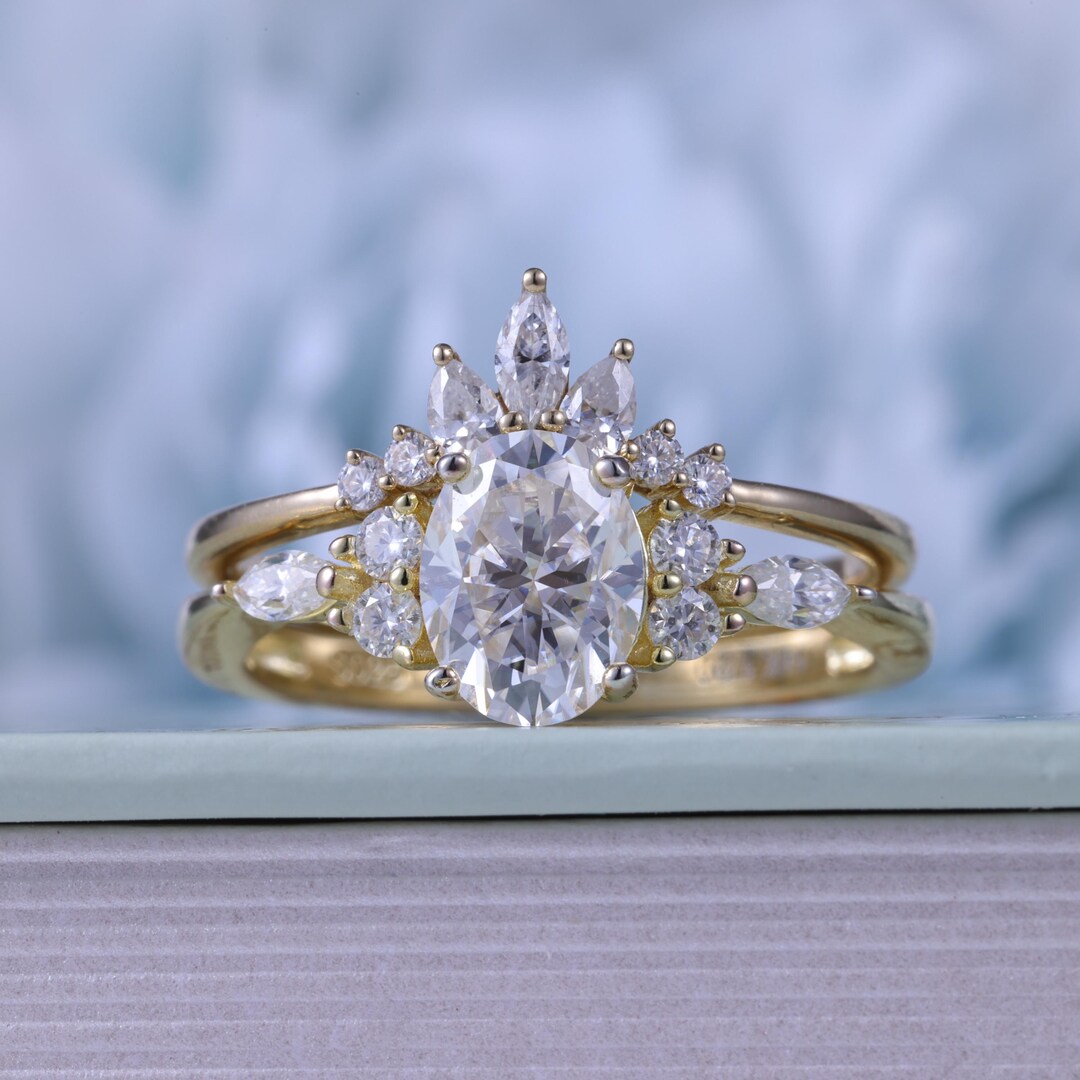 Oval Moissanite Engagement Ring Set, Lab Grown Diamond Gold Promise ...