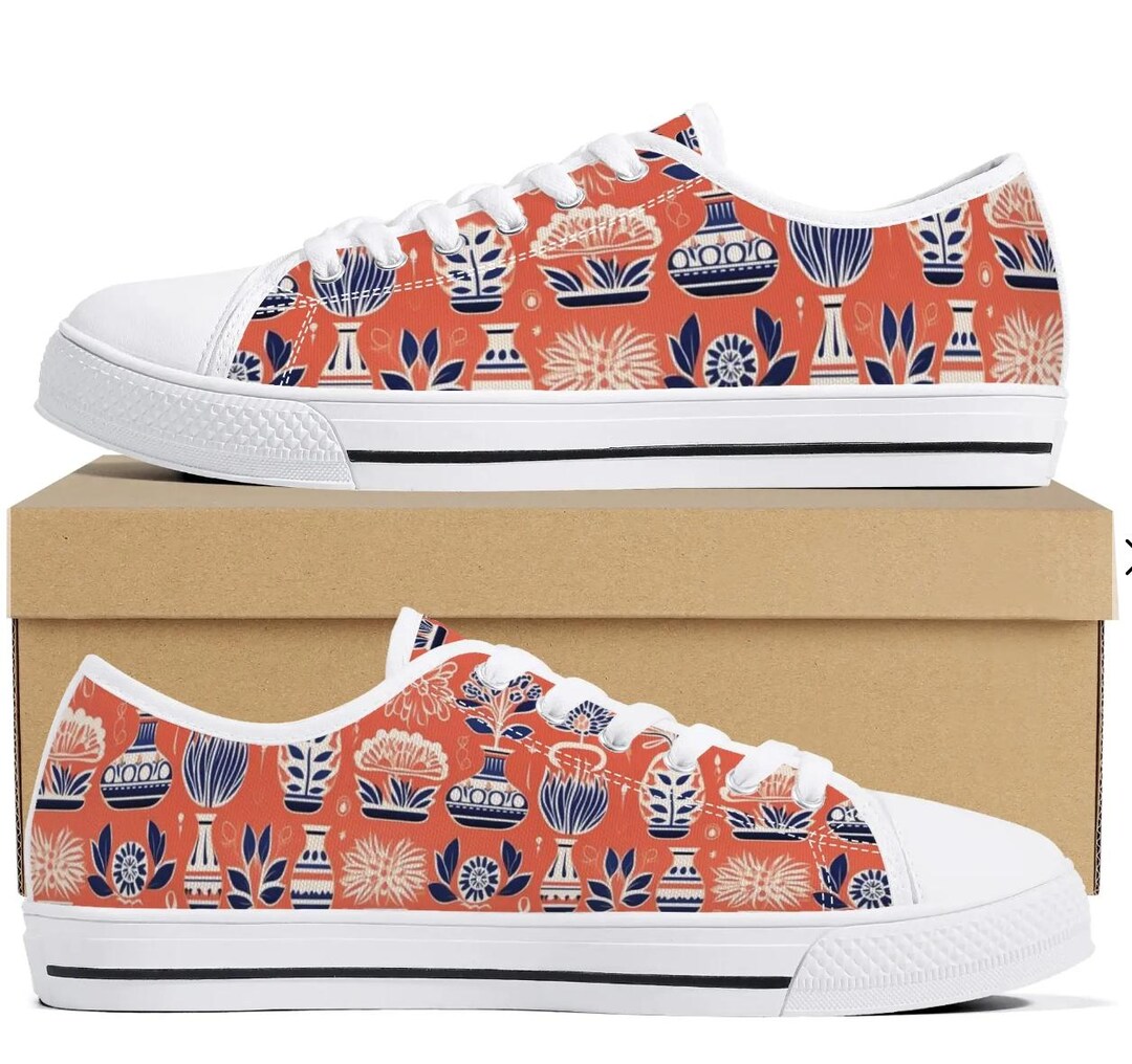 Red Blue Chinoiserie Inspired Toile De Jouy Low Top Sneakers, Toile ...