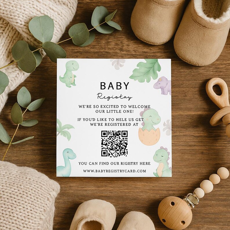 Editable Dino Baby Shower Registry Card Canva Template | Printable Baby ...