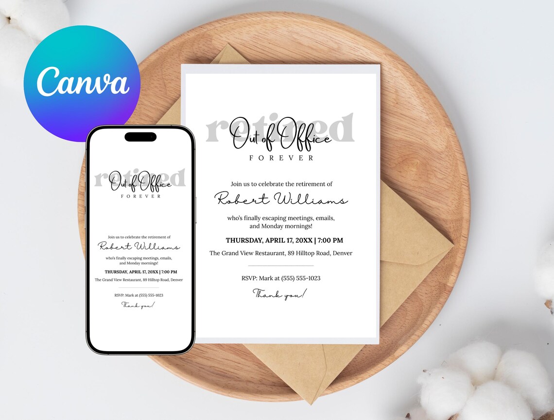 Retirement Invitation Template • Out of Office Forever • Editable Canva ...