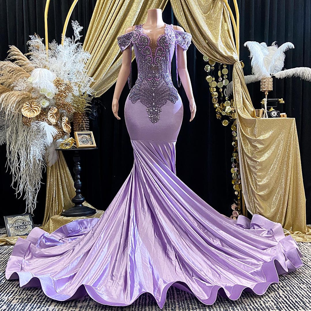 Purple Mermaid Gown Rhinestone Applique Elegant Evening Dress Couture ...