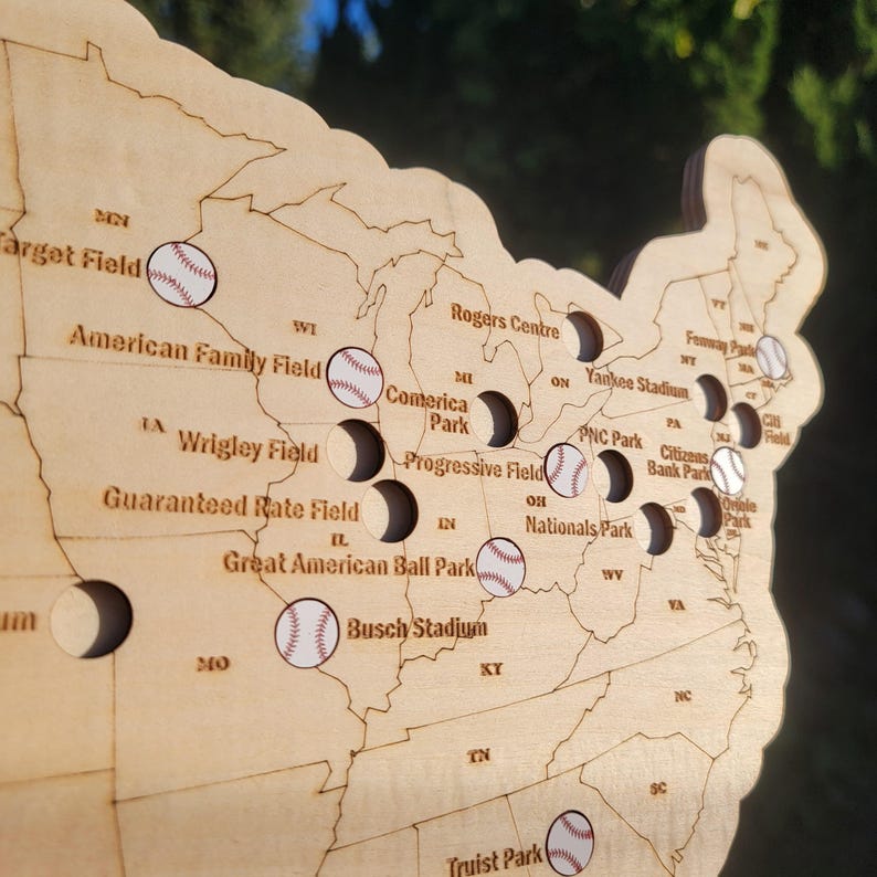 Baseball Stadium Travel Map- MLB Ball Parks With Baseball Cutouts to ...