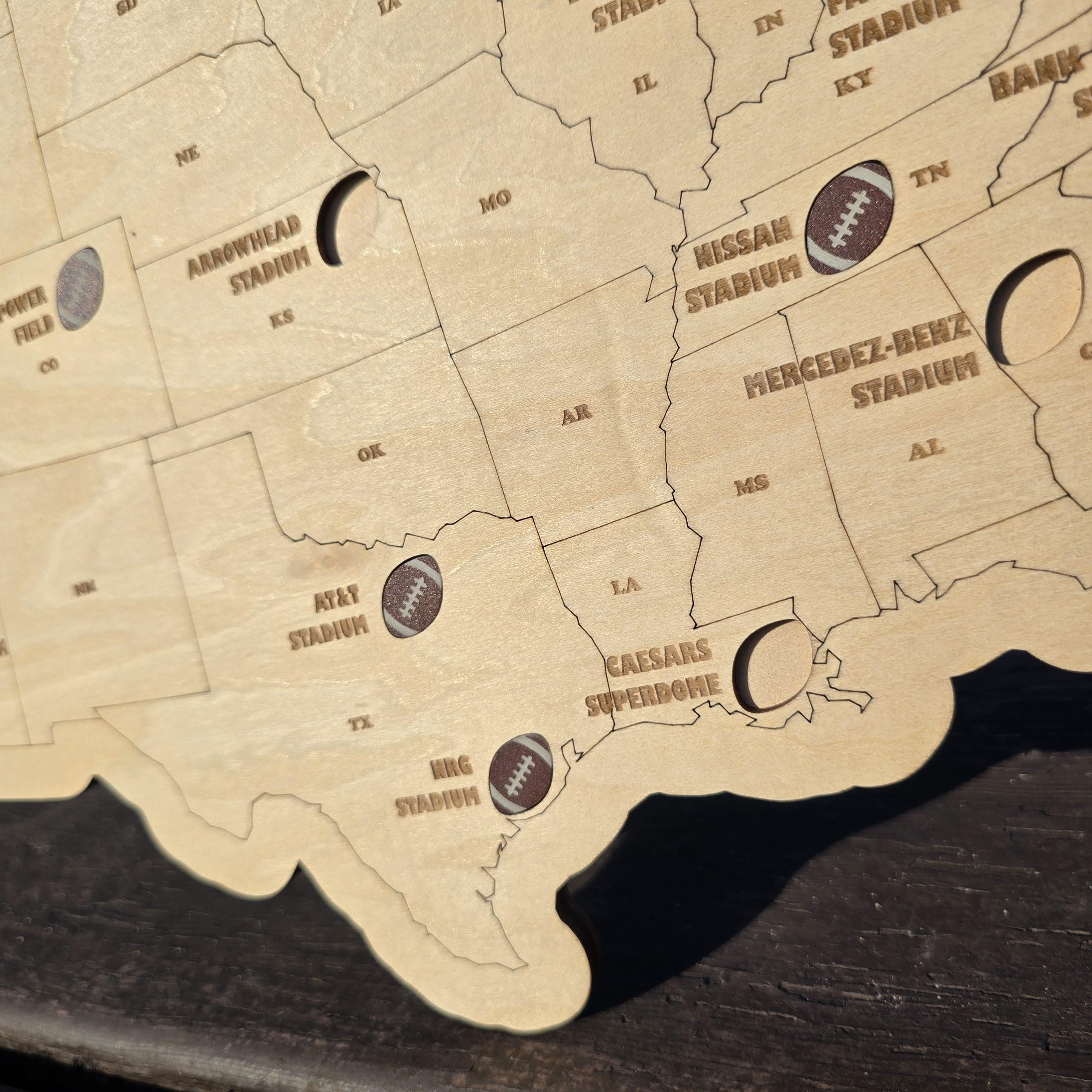 Football Stadium Travel Map- NFL Fields With Football Cutouts to Mark ...
