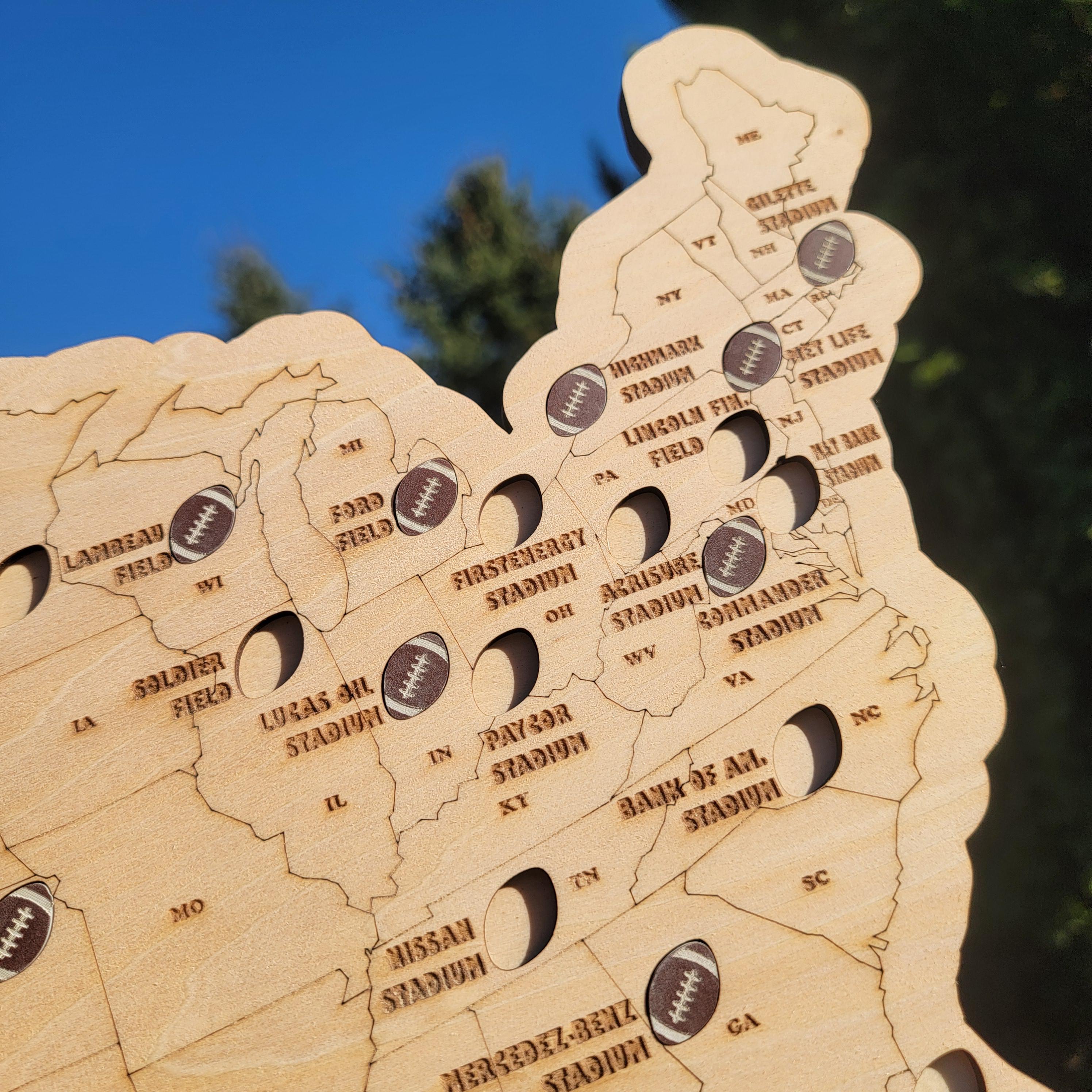 Football Stadium Travel Map- NFL Fields With Football Cutouts to Mark ...