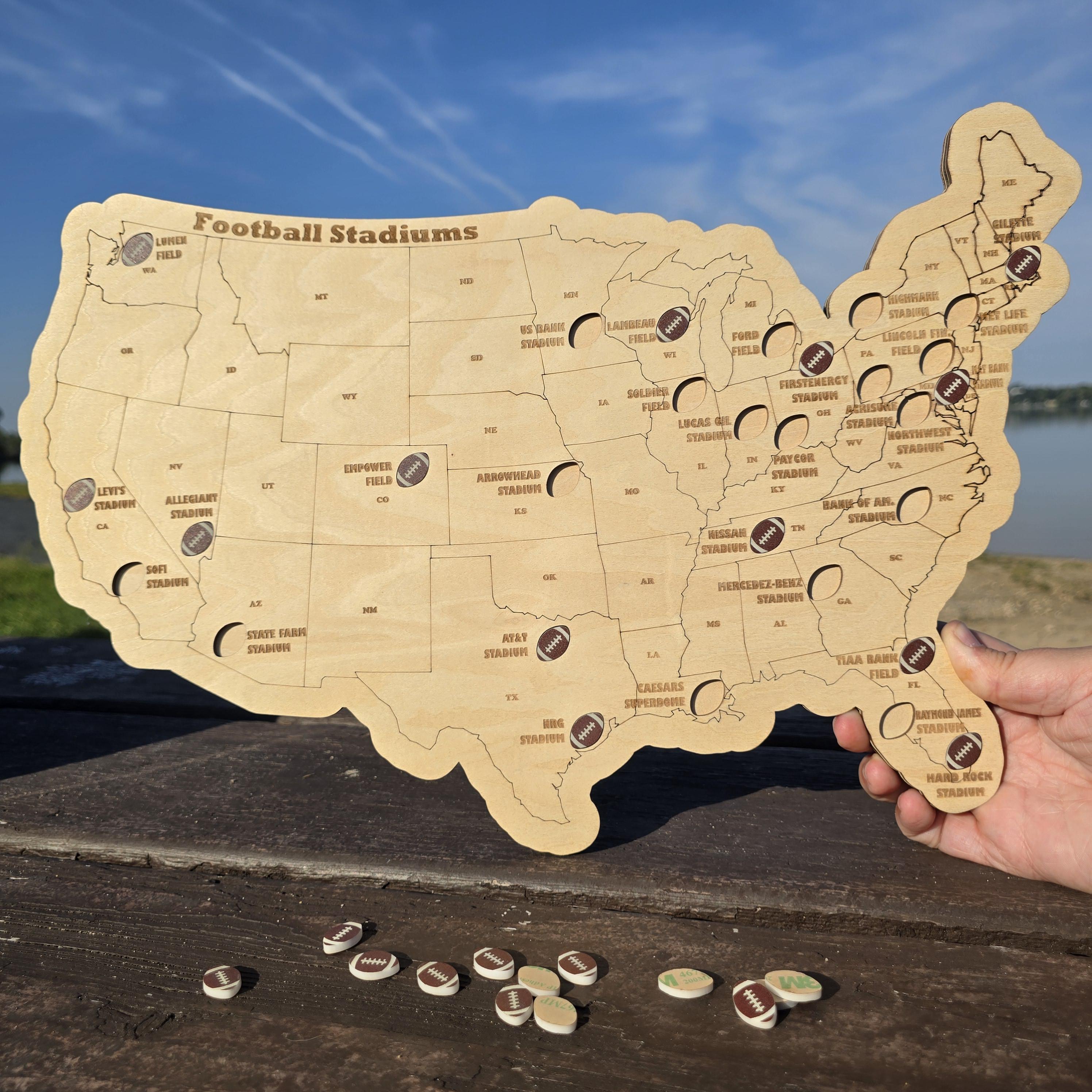 Football Stadium Travel Map- NFL Fields With Football Cutouts to Mark ...