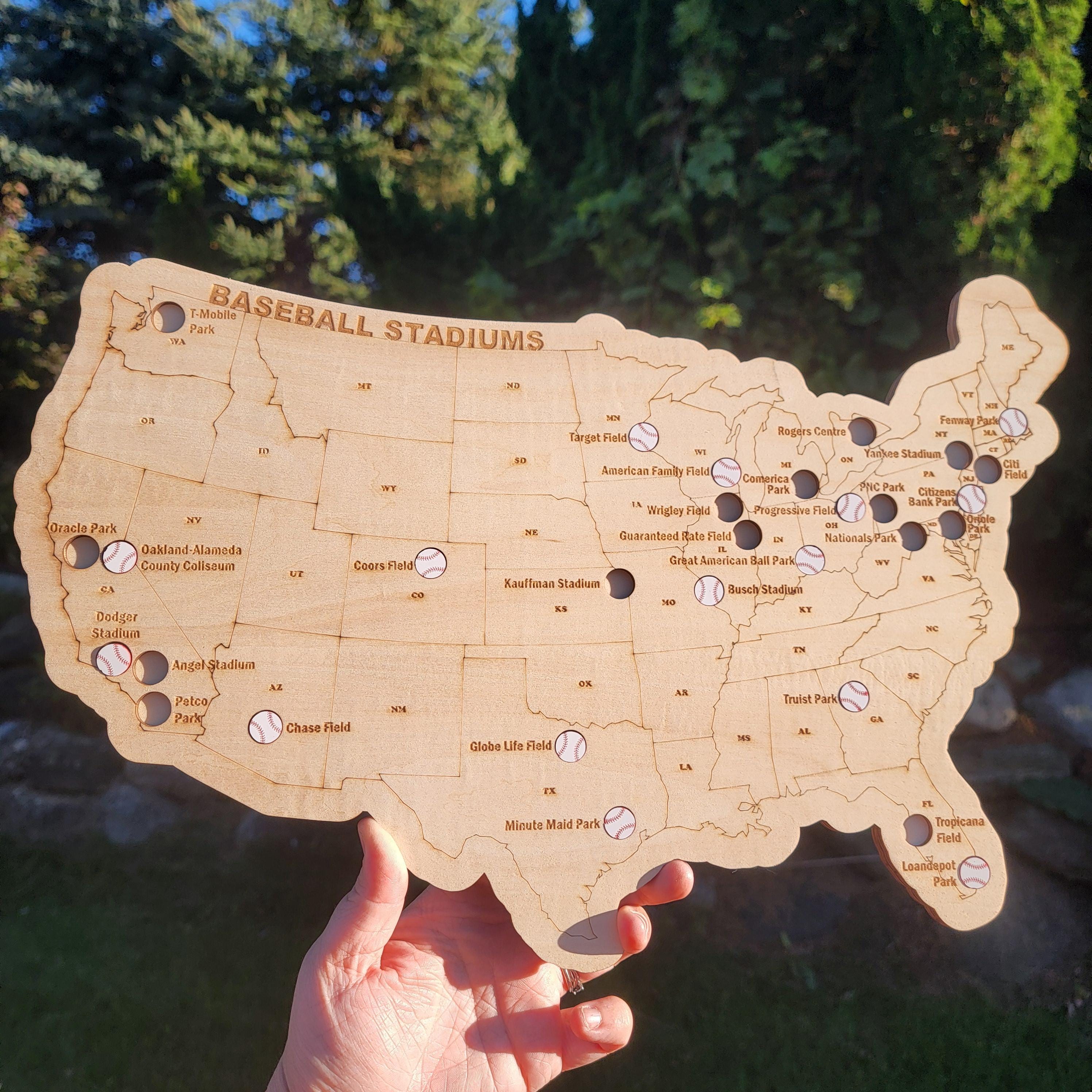 Baseball Stadium Travel Map- MLB Ball Parks With Baseball Cutouts to ...
