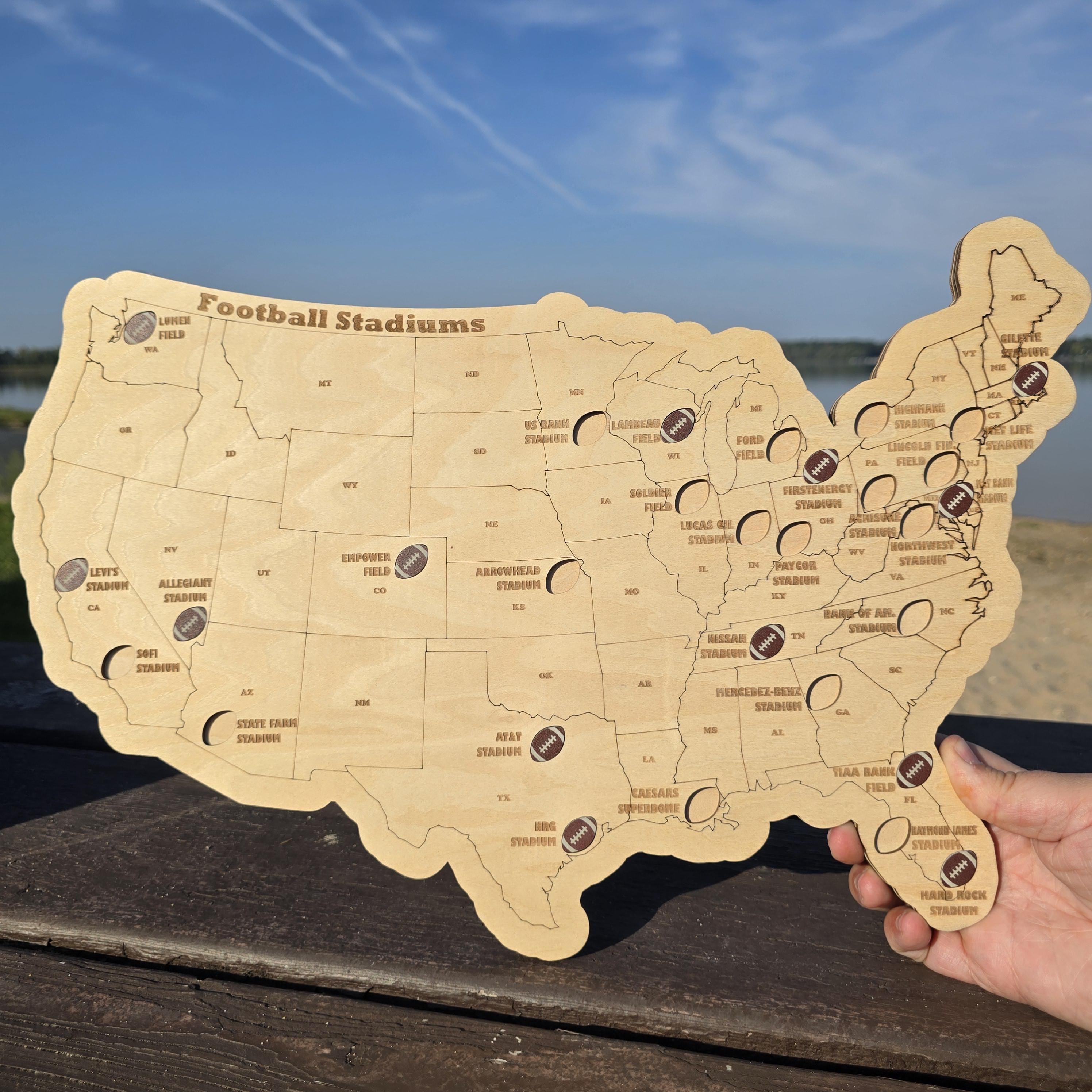 Football Stadium Travel Map- NFL Fields With Football Cutouts to Mark ...