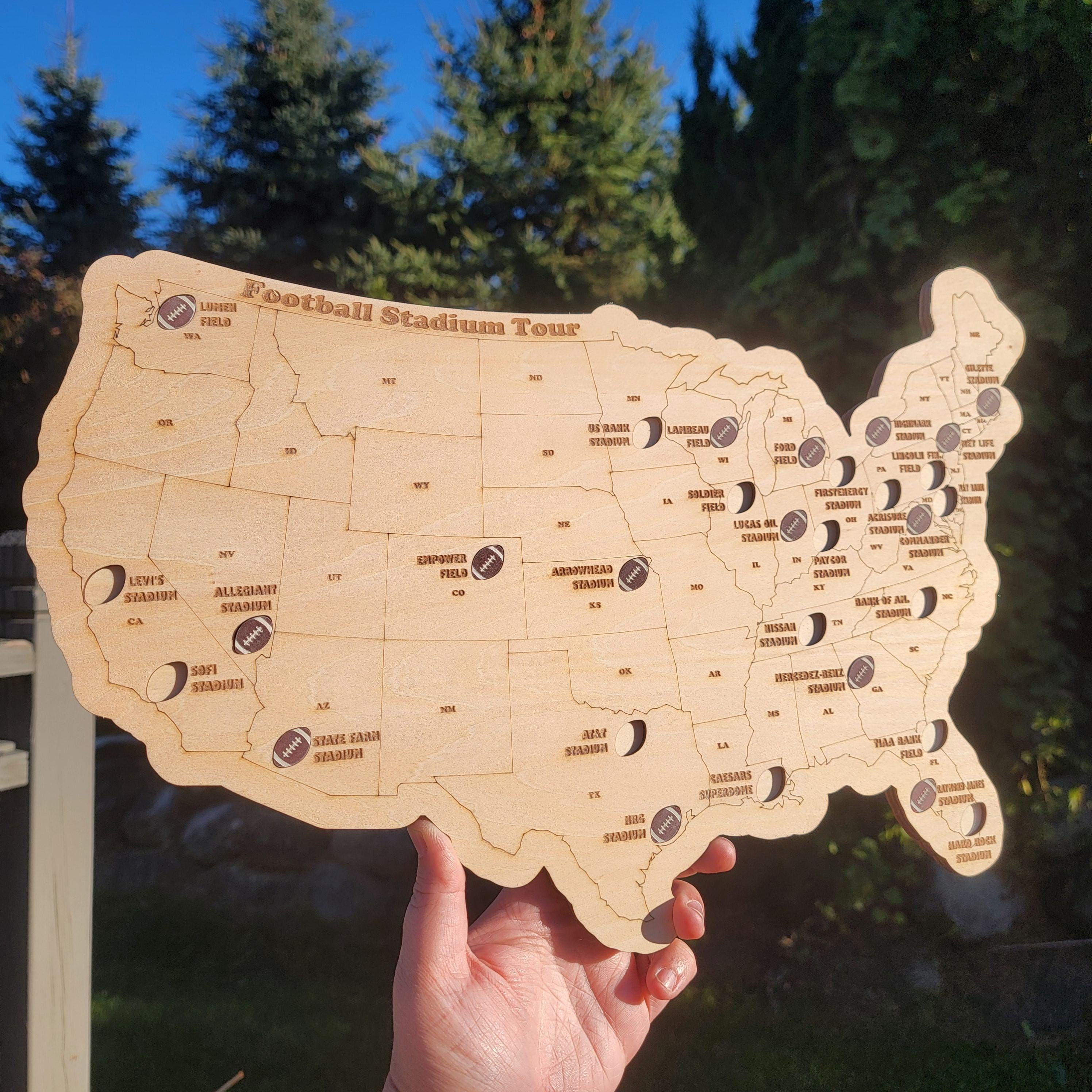 Football Stadium Travel Map- NFL Fields With Football Cutouts to Mark ...