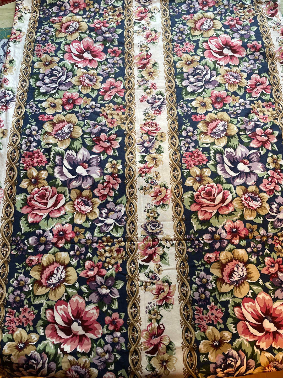 Navy Striped Cabbage Roses- Vintage Fabric Novelty 80s Stripes Blue - Etsy