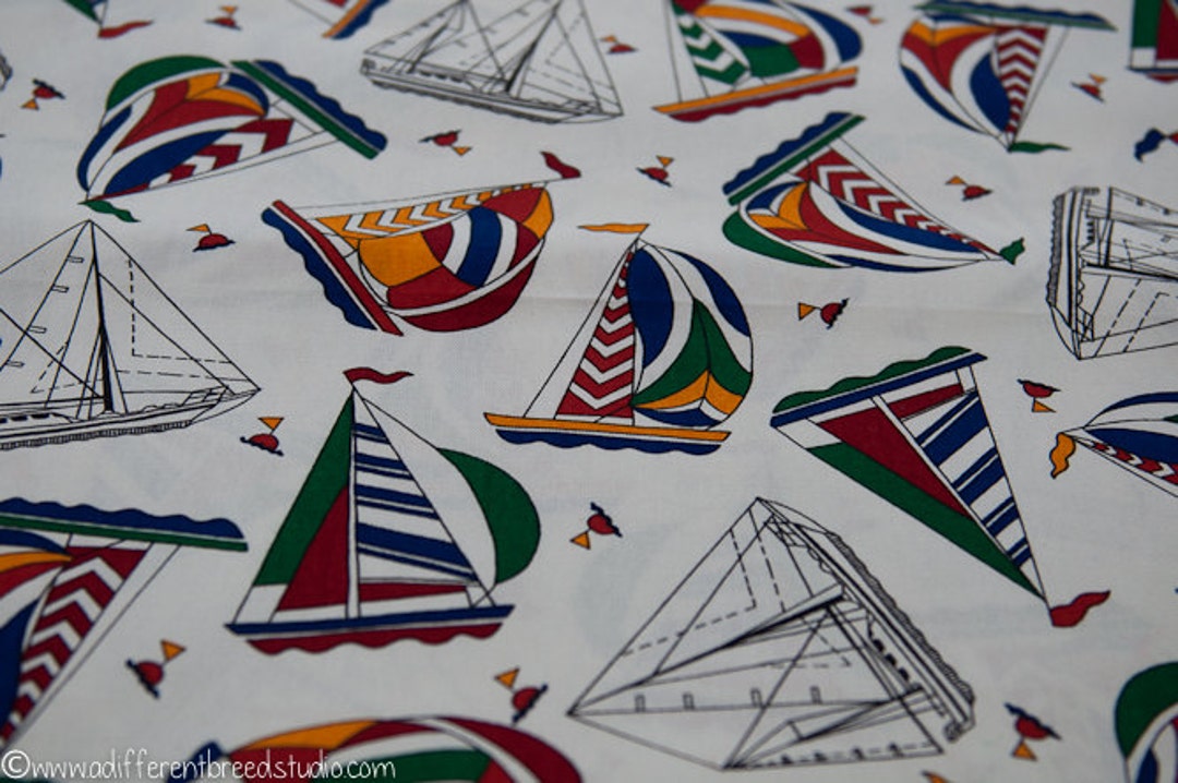 Amazing Colorful Sailboats- Vintage Fabric Novelty Nautical Boats Ocean ...