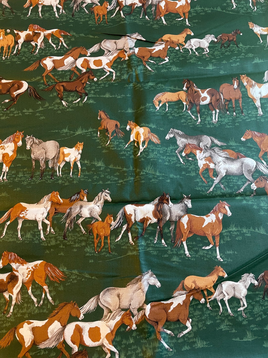 Wonderful Horse Print - Vintage Deadstock Fabric Green Cowboy Western ...