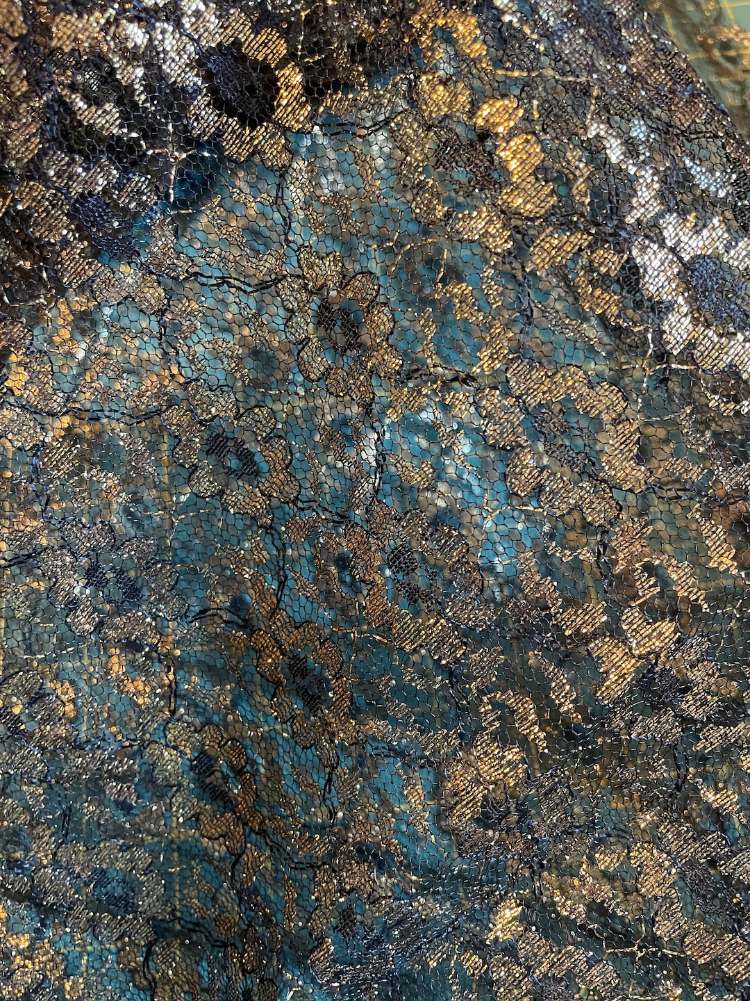 Elegant Metallic Lace Vintage Fabric Sewing Doll Making 80s Black