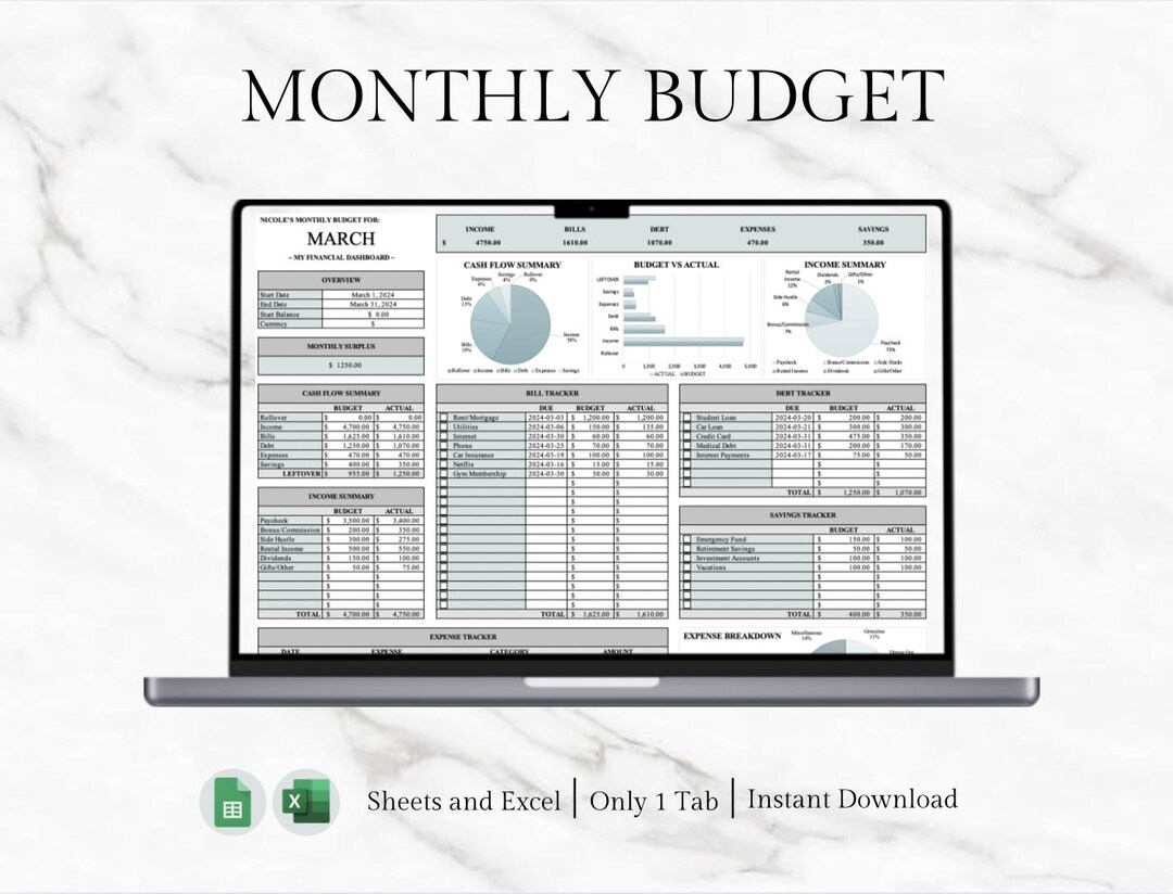 Simple Monthly Budget Template | Google Sheets + Excel | Cashflow ...