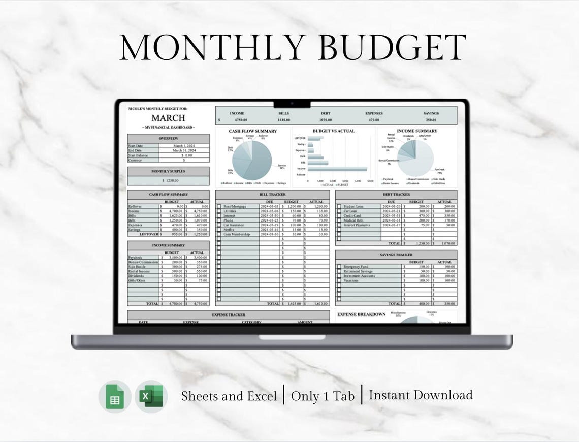 Simple Monthly Budget Template | Google Sheets + Excel | Cashflow ...