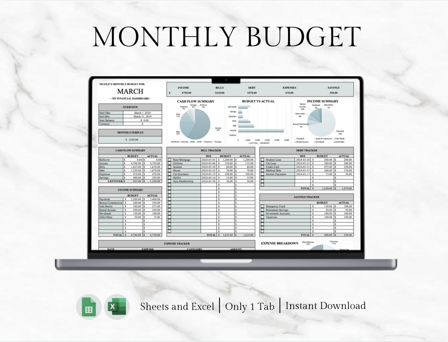 Simple Monthly Budget Template | Google Sheets + Excel | Cashflow ...