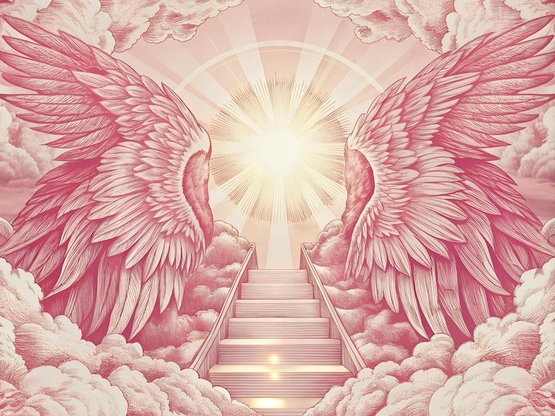 Heaven Stairway Memorial Art: Angel Wings, Doves Background (PNG ...