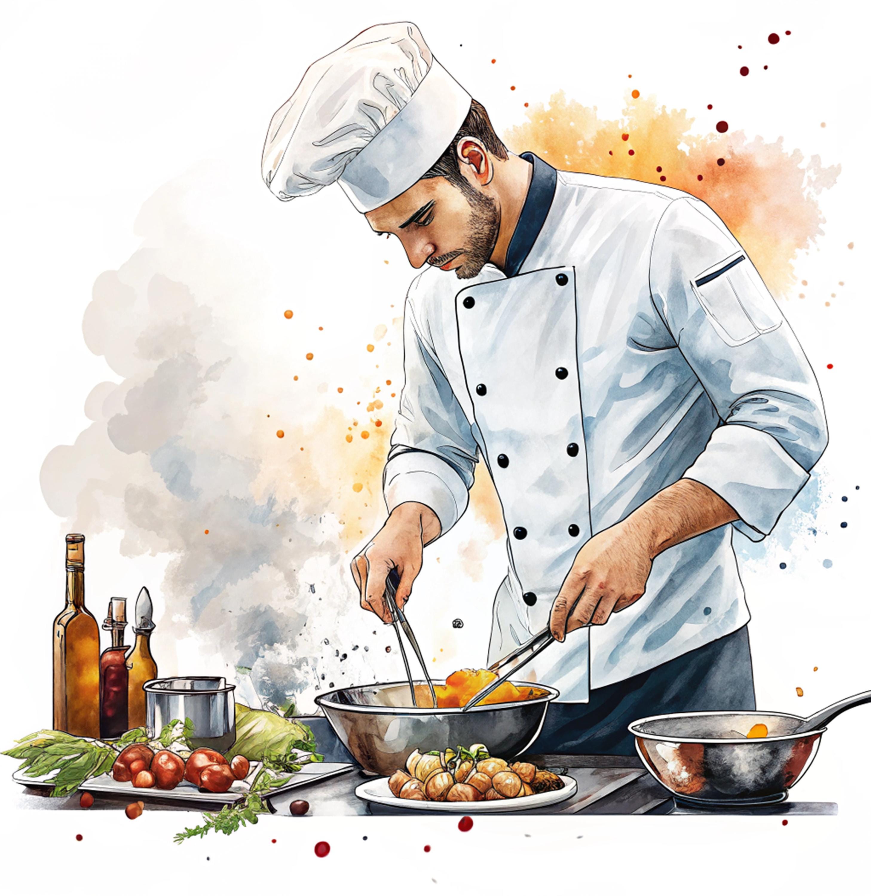 Watercolor Chef Clipart: Cooking With Pot & Spoon (PNG, JPG Digital ...