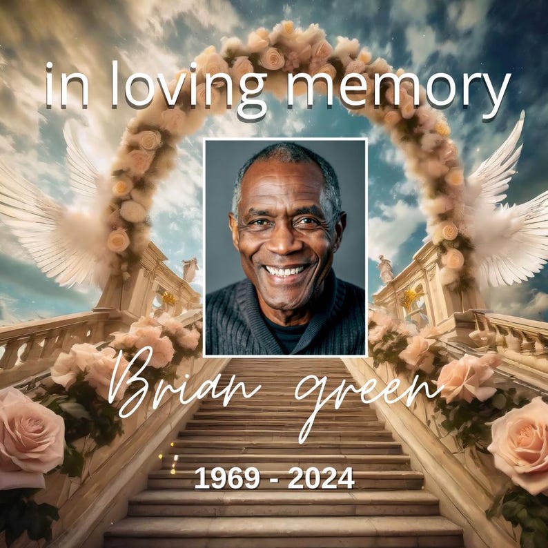 Customizable Memorial Photo - 5 Images + Template | Angel Background | Wings & Stairway to ...