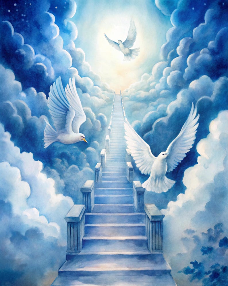 Stairs to Heaven Memorial Background: Blue Sky, Doves (PNG Download) - Etsy