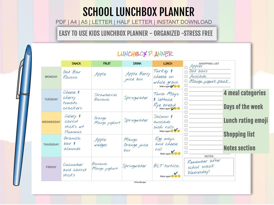 Kids Colorful Lunchbox Checklist, Toddler Healthy Lunchbox, School ...