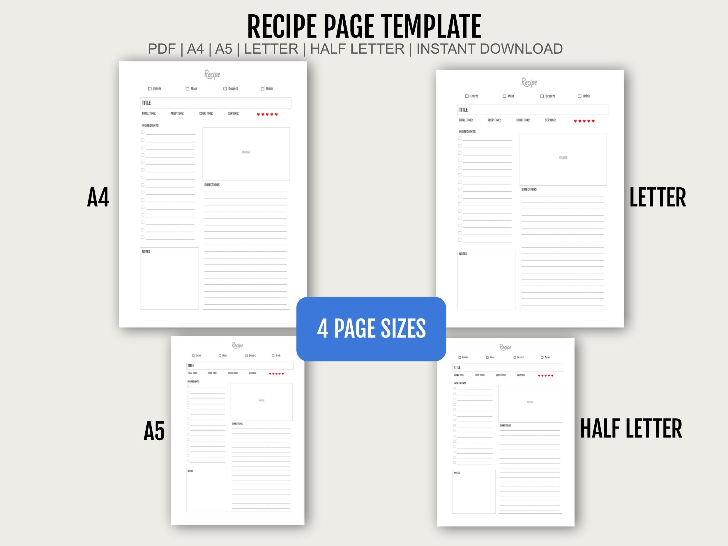 Simple Recipe Template Printable, Fillable Recipe Page, Cook Book ...