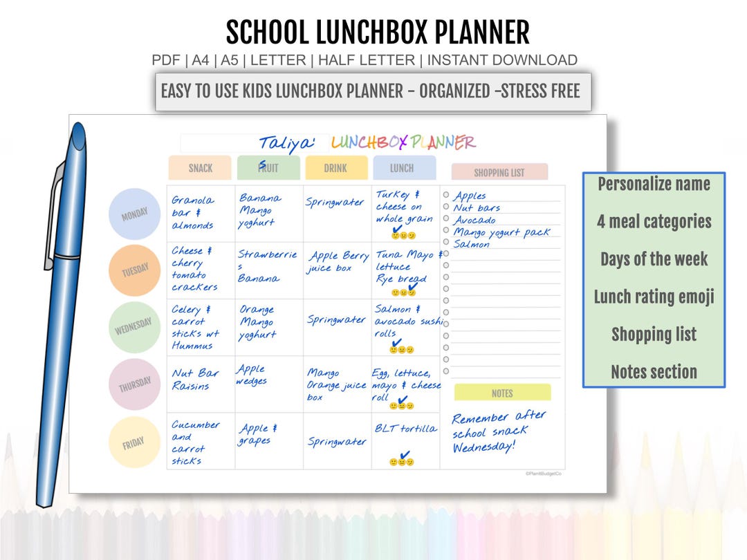 Kids Lunch Planner, Colourful School Lunchbox Ideas Template (printable ...