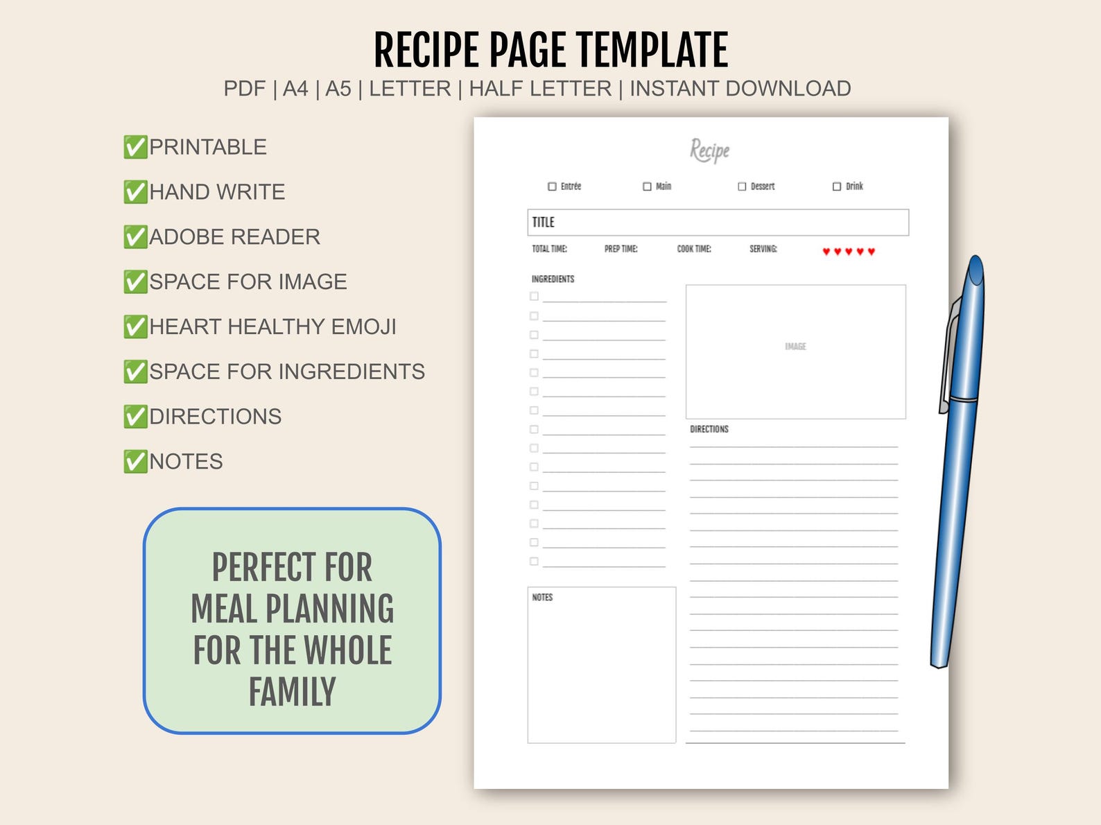 Simple Recipe Template Printable, Fillable Recipe Page, Cook Book ...
