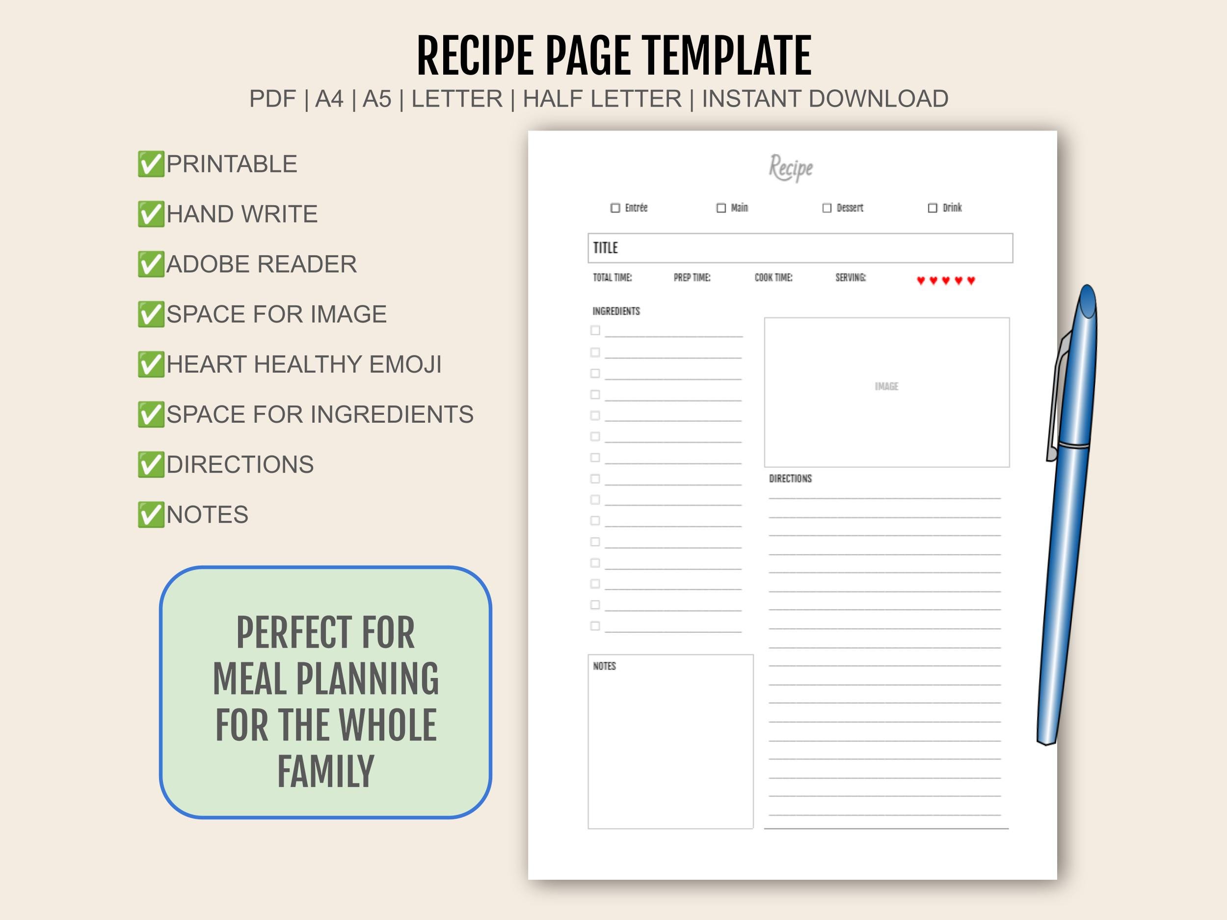 Simple Recipe Template Printable, Fillable Recipe Page, Cook Book ...